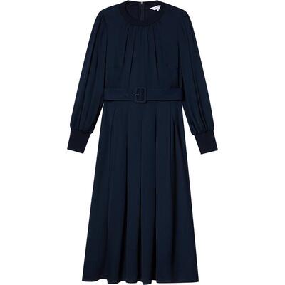 【胡杏儿同款】LK BENNETT深蓝色泡泡袖连衣裙腰带圆领收褶设计