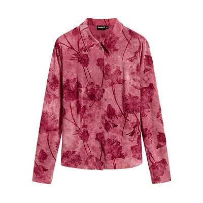 Desigual26春夏新品弹力修身扎染印花植绒翻领长袖女式衬衫