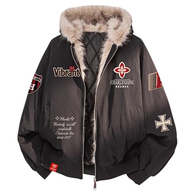 查尔斯桃心座山雕毛领连帽棉衣冬季情侣加厚徽章印花防寒棉服外套