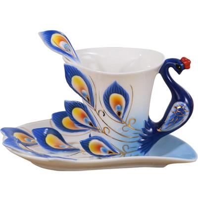 手工制作珐琅彩陶瓷孔雀咖啡杯