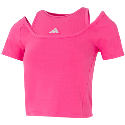 Adidas/阿迪达斯官方正品新款女粉色跑步训练露肩短袖T恤KR7607