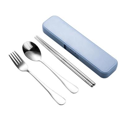 304不锈钢筷子勺子套装学生勺筷叉便携餐具翻盖收纳盒学生二件套