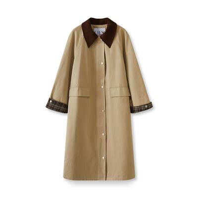 LILY卡其色撞色中长款翻领风衣