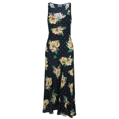 沃格 RP春夏新品浪漫波点花朵印花A字不规则斜裁真丝背心款连衣裙