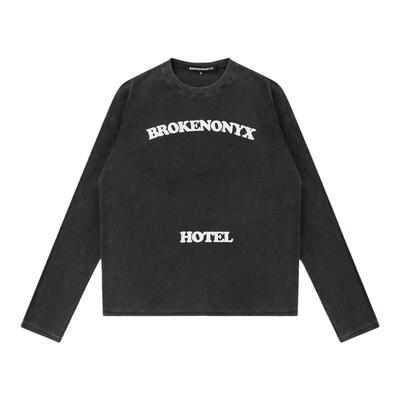 Brokenonyx 甄选面料全棉闪粉LOGO印花长袖水洗磨白宽松打底衫