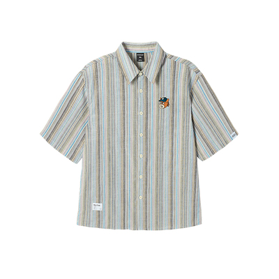 夏季男条纹刺绣宽松短袖衬衫