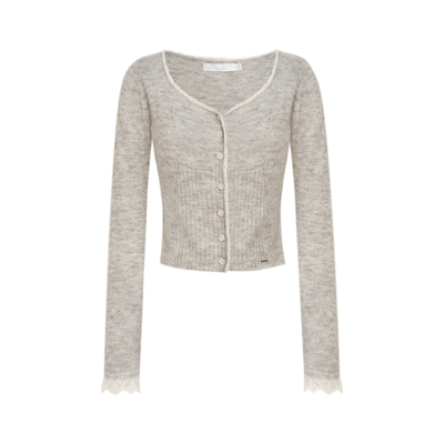 羊驼羊毛撞色波浪花边针织开衫