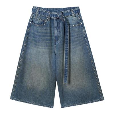 KBLC24AW美式重磅洗水做旧牛仔裤男新款宽松阔腿七分裤男女