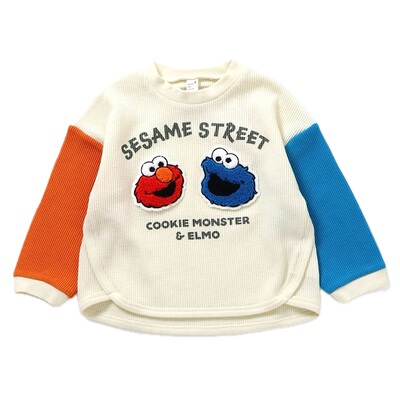 日本芝麻街 apreslescours 2026春秋儿童装刺绣华夫格拼色长袖T恤