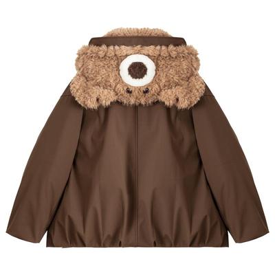 KEIKO 巴恩风毛绒熊连帽短款棉服女25冬季防风保暖加厚棉袄外套