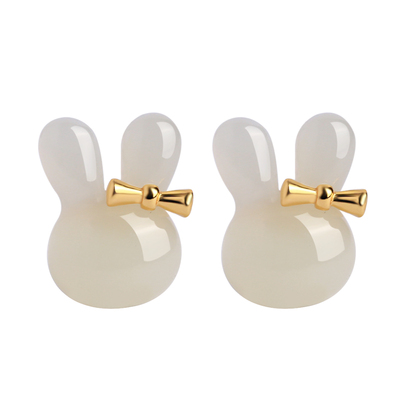 小银匠天然和田玉小兔子纯银耳钉