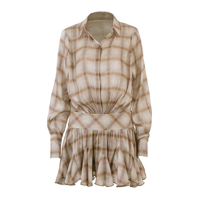 PynkiSwear 卡其色格纹翻领宽松木耳边短款连衣裙小众衬衫百褶裙