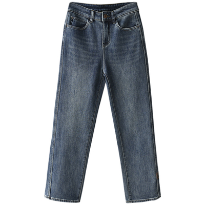 复古高腰加绒宽松直筒牛仔裤