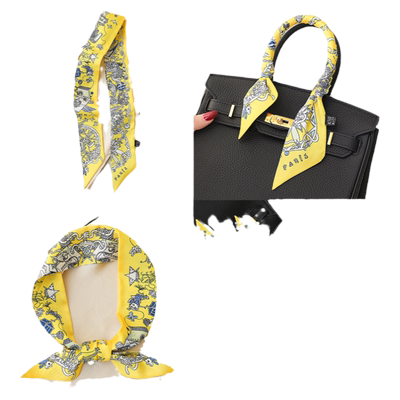 黄色细窄长条小丝巾带提手柄缠