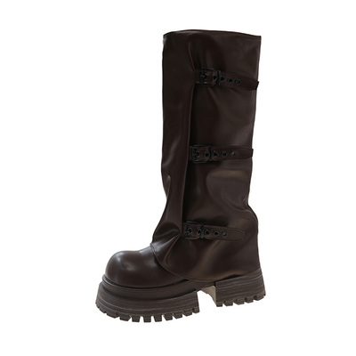 永希复古厚底皮带口不过膝骑士靴