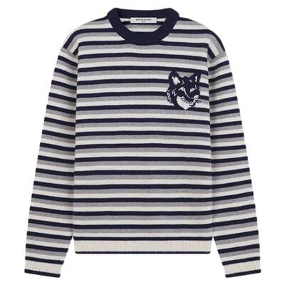 Maison Kitsune秋冬男士小狐狸图像刺绣条纹长袖针织毛衣银泰百货