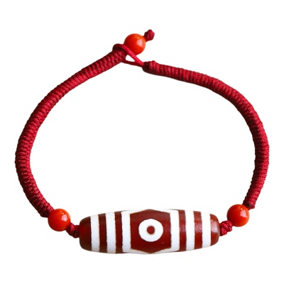 天然西藏红玛瑙宝盖三眼天珠手链男女本命年财运红绳手绳玉石手饰