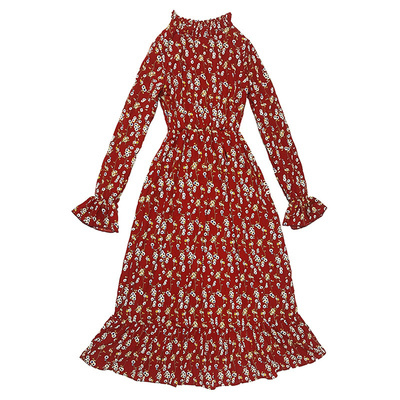 优雅红色加绒气质显瘦碎花连衣裙