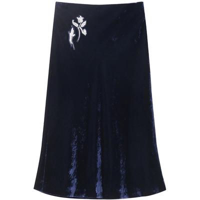 OVV秋冬新款女装高贵典雅可拆卸刺绣装饰丝绒直筒半身裙