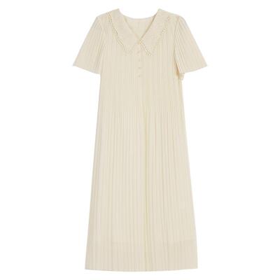 YINER音儿专选夏季新款法式刺绣蕾丝V领压褶H型轻薄连衣裙