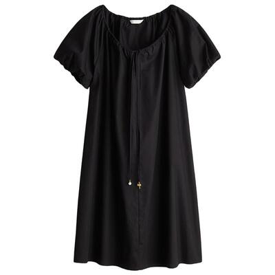 HM女装无领连衣裙夏季宽松短袖A字抽绳领连身裙1275760
