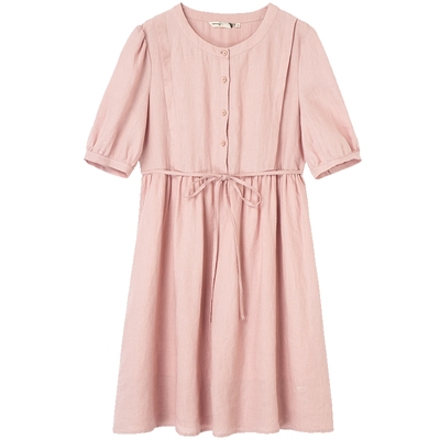 布景麻料短袖圆领连衣裙