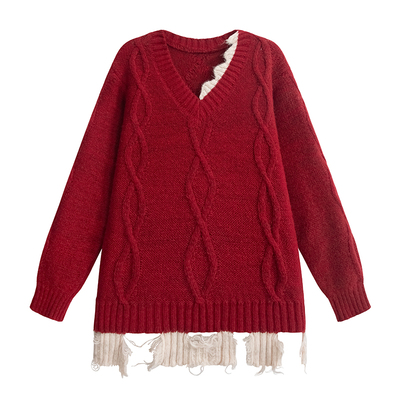 UNIFREE破洞设计感V领毛衣