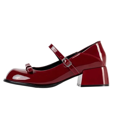 Miaolv College粗跟玛丽珍鞋女蝴蝶结一字带扣圆头高跟单鞋子棕色