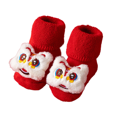 婴儿秋冬季新年袜子加厚保暖新生儿宝宝学步袜红色喜庆儿童中筒袜