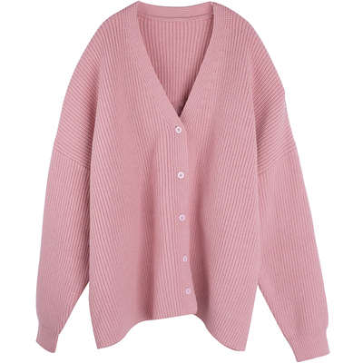 休闲慵懒风落肩宽松V领毛衣外套