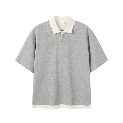 WHIMNOTION 25SS假两件撞色拼接华夫格polo衫休闲百搭抗皱短袖T恤