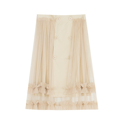 谜底2022夏季新款高腰显瘦双排扣A字仙女百褶网纱半身裙222MB0595