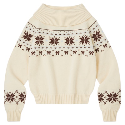 PSO Brand女装【费尔岛】复古提花一字肩翻领插肩袖针织毛衣外套