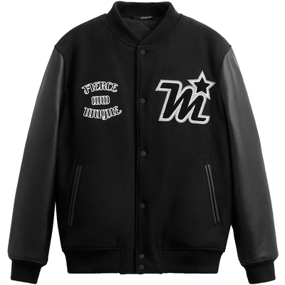 ZA棒球领宽松仿皮袖毛呢夹克棉服