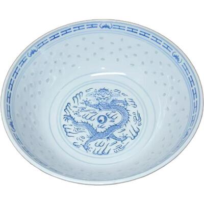 包老景德镇567老厂瓷/高温釉下彩青花玲珑龙纹9英寸深汤碗