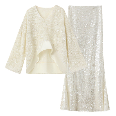 新中式时尚亮片毛球衬衫半裙套装