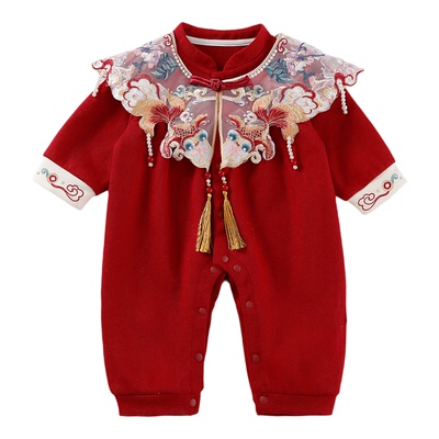 春秋款婴儿满月衣服百天服红色喜庆连体衣新生儿外出服女宝宝礼服
