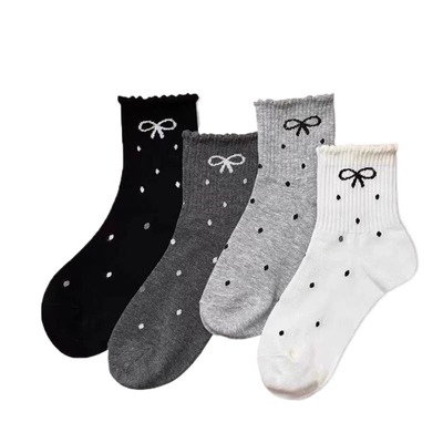 新款波点花边蝴蝶结堆堆袜学生ins潮长筒袜日系网红中筒女袜