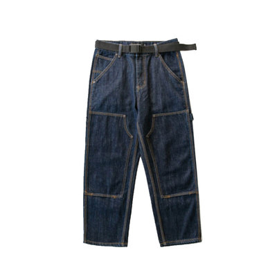 美式复古膝盖拼接贴布深色牛仔裤