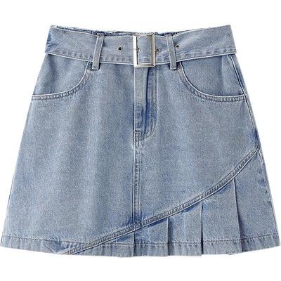 乐町斜线分割牛仔短裙春季方块A字裙深牛仔蓝打褶半身裙