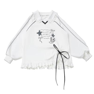 pinksavior【盼达茶话】翻领花边装饰设计卫衣+绒绒条纹休闲裤女