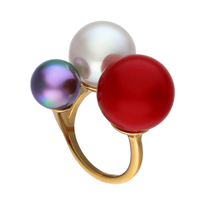 Majorica美娇丽佳手作珍珠戒指女优雅复古三珠指环多尺寸手作珍珠