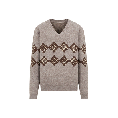 Funnel in灰色菱格纹V领毛衣女2025秋冬新款宽松套头羊毛针织衫