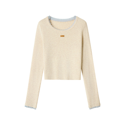 Uena米色绵羊毛混纺假两件针织衫