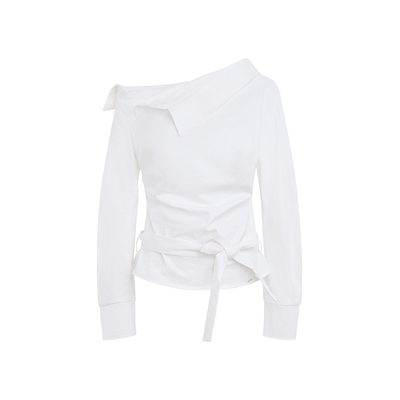 不规则抽褶系带修身斜肩长袖衬衫