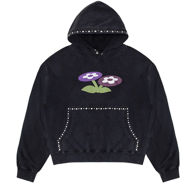 美式做旧双花镶钉连帽卫衣
