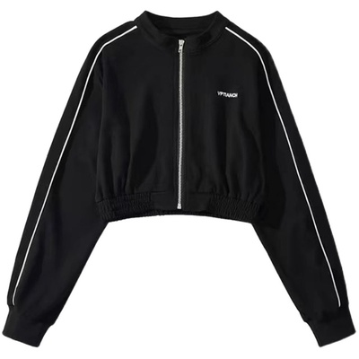 akiyo studio秋季新款长袖立领拉链宽松短款拼条女式夹克外套