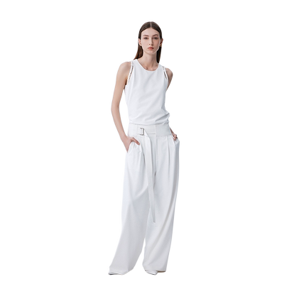 【朱丹同款】Fabrique白色可调腰带阔腿纯白裤女夏季新款