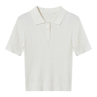 Basic House百家好灰色绞花polo领针织衫短袖修身正肩上衣女夏季