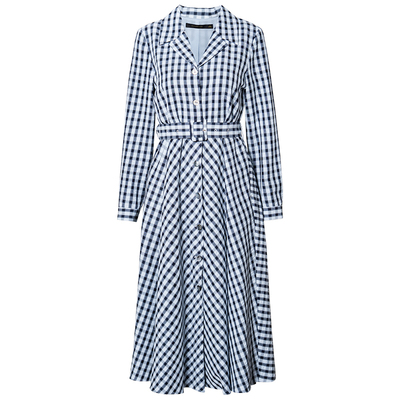 罗衣时尚通勤翻领格子系带连衣裙